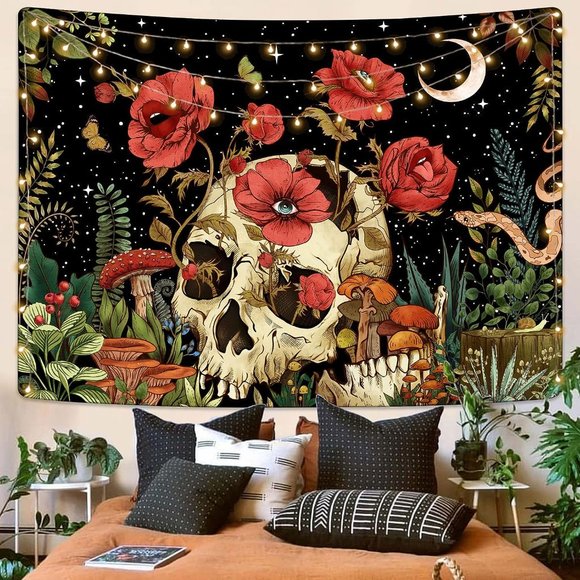 Boutique | Wall Decor | Xl Skull Red Poppies Poppy Flowers Ferns Snake ...